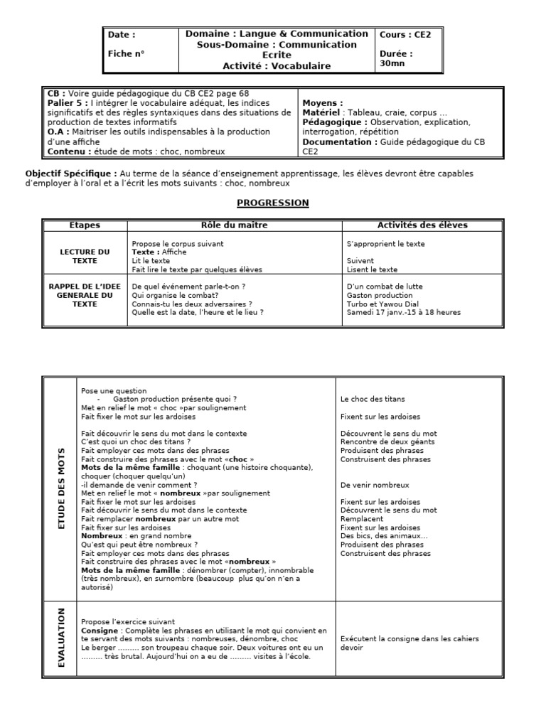 Vocabulaire CE2 : Fiches et Exercices | PDF | Pédagogie | Dictionnaire