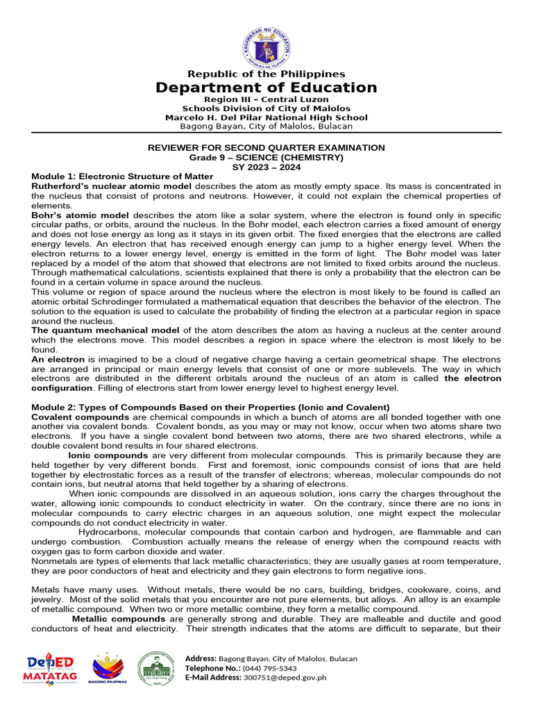 Grade 9 Science Chemistry Reviewer | PDF | Ion | Mole (Unit)