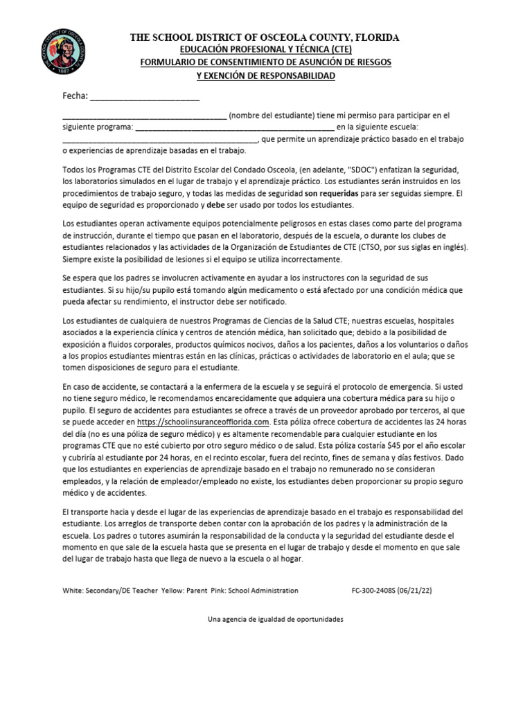 Secondary Spanish ASSUMPTION OF RISK AND RELEASE OF LIABILITY CONSENT ...