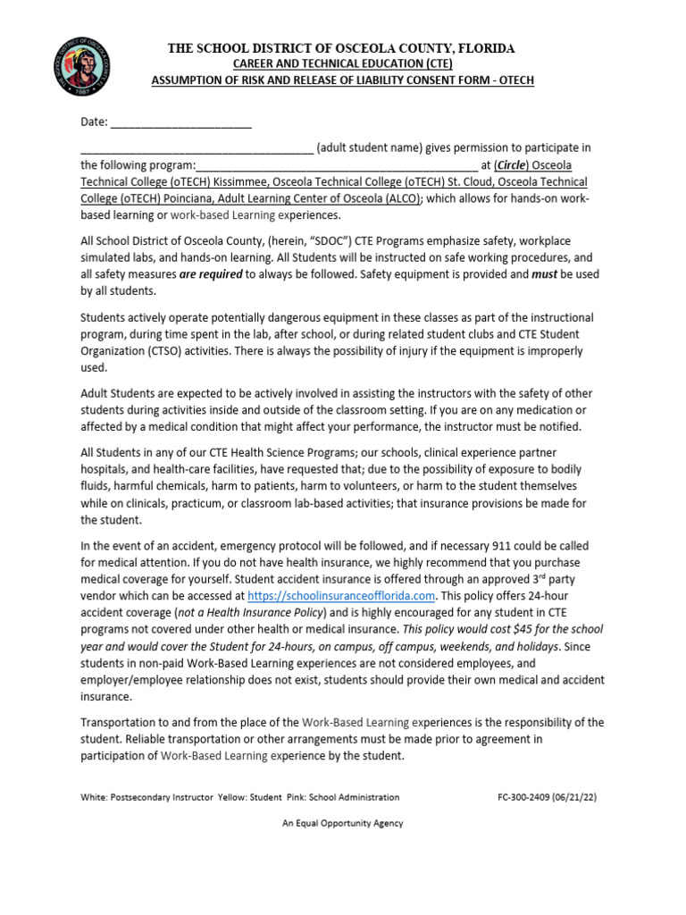 oTECH ASSUMPTION OF RISK AND RELEASE OF LIABILITY CONSENT FORM 1 | PDF ...