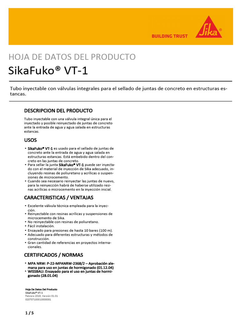 Sikafuko Vt 1 | PDF | Hormigón | Materiales