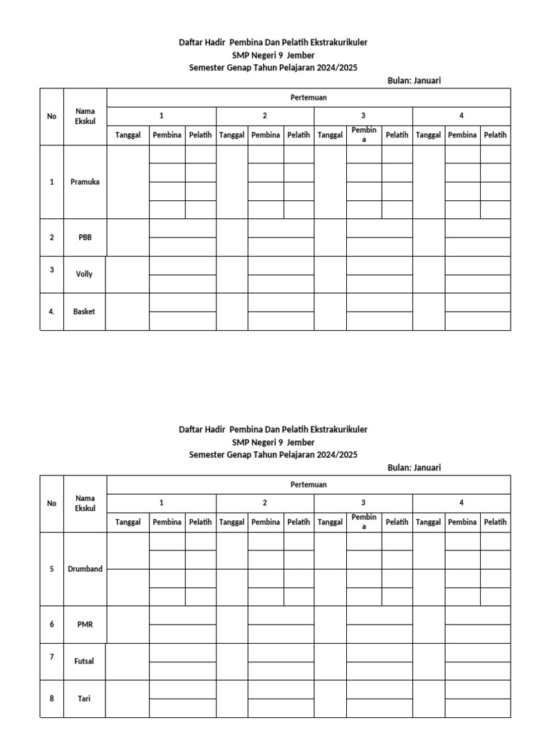 Absen Pembina Ekskul Jan-Mei | PDF