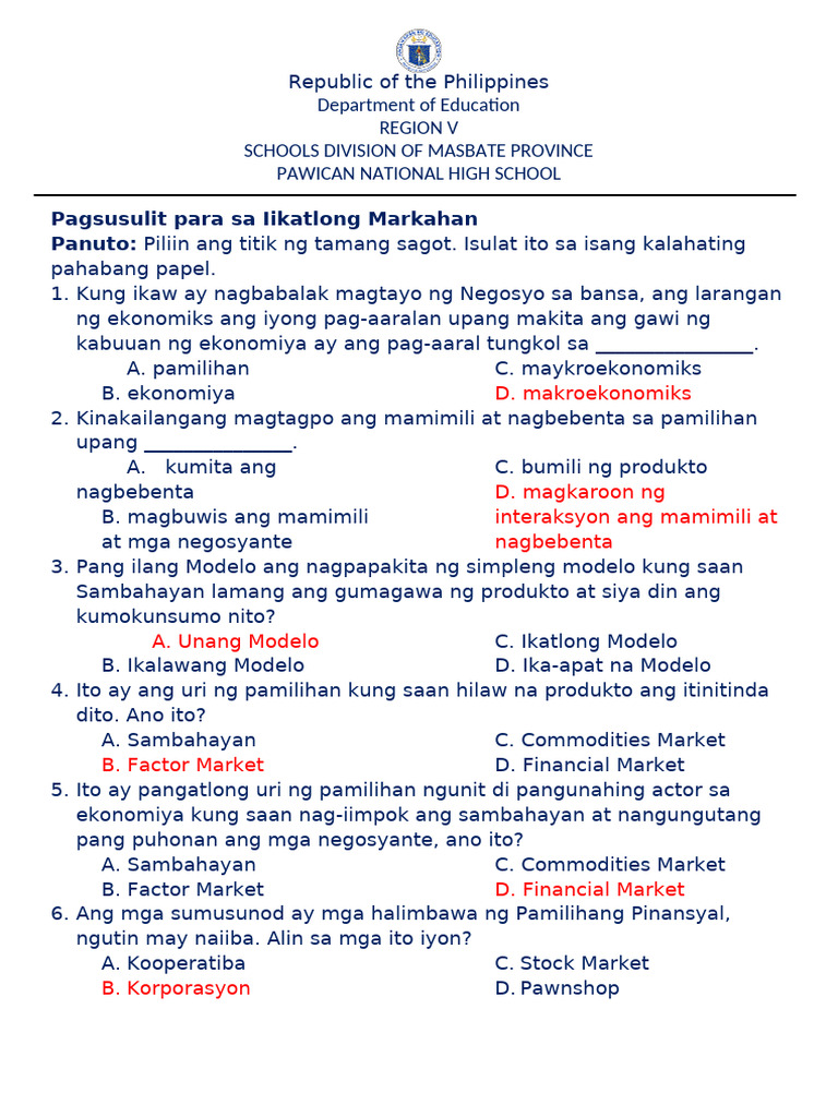 ARALING PANLIPUNAN 3rd QRTR Exam 2024-2025 | PDF