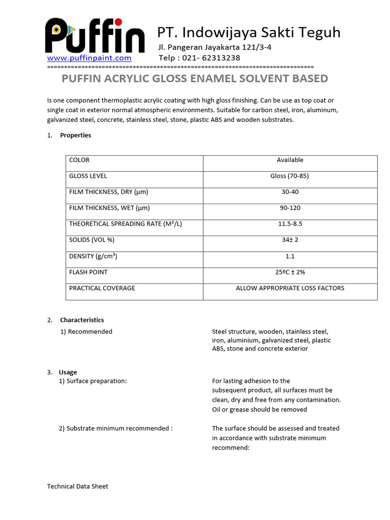 Puffin Acrylic Gloss Enamel Data Sheet | PDF | Abrasive | Steel