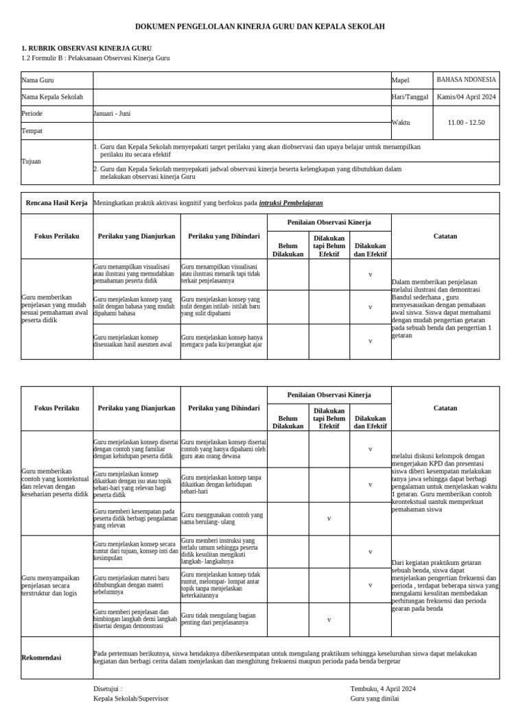 Form Observasi Intruksi Pembelajaran | PDF