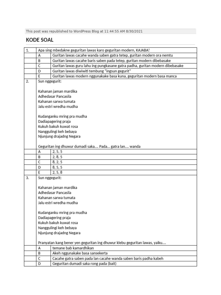 Soal Pas Bahasa Jawa Xi Ganjil 2022.docm | PDF