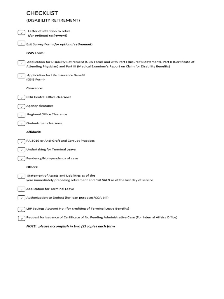 Checklist of Requirements For Disability Retirement | PDF