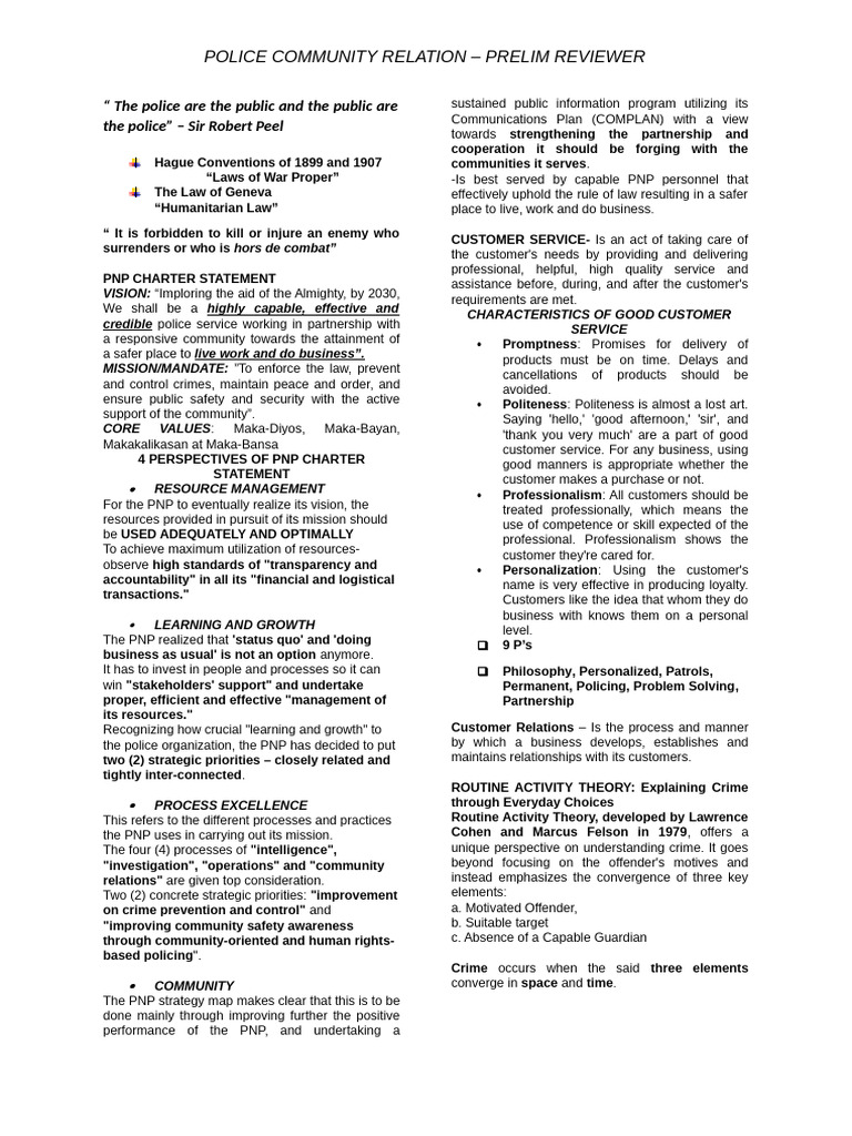 POLICE COMMUNITY RELATION PRELIM REVIEWER | PDF | Crimes | Crime & Violence