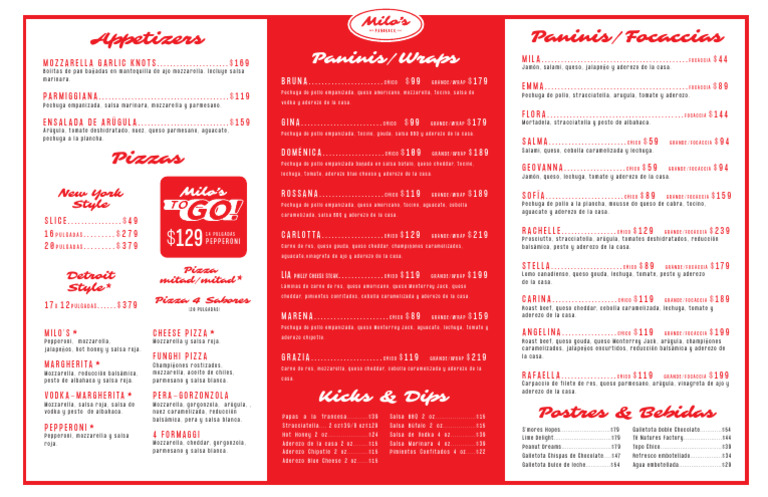 Menú de Pizzas y Paninis Milos | PDF | Pizza | Alimentos