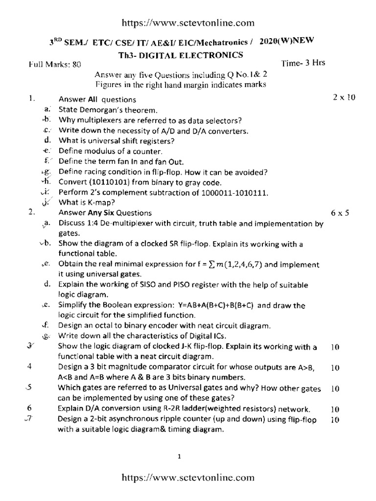 Etc Cse It Aei Eic Mechat 3 Sem Digital Electronics Winter 2020 | PDF