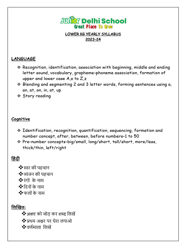Yearly LKG Syllabus | PDF