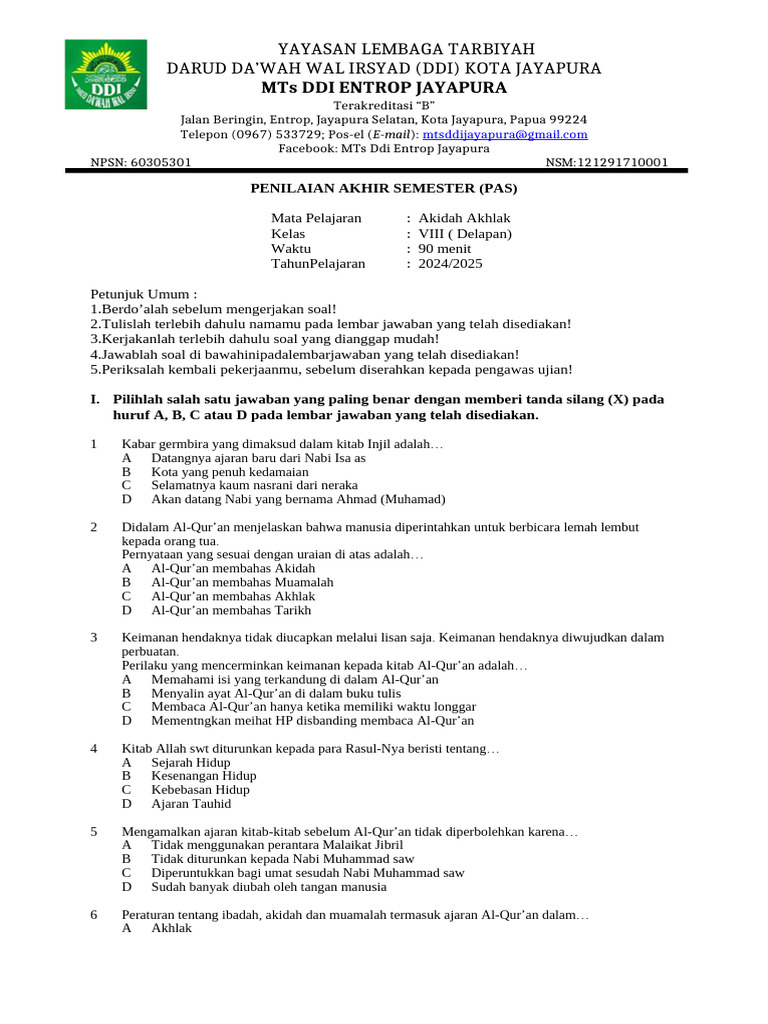 Soal PAS 2024 Akidah Akhlak-Kelas 8 | PDF