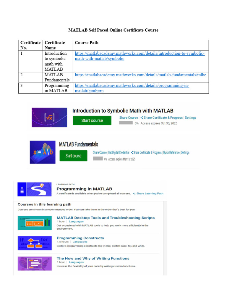 MATLAB Certificate Course Details | PDF