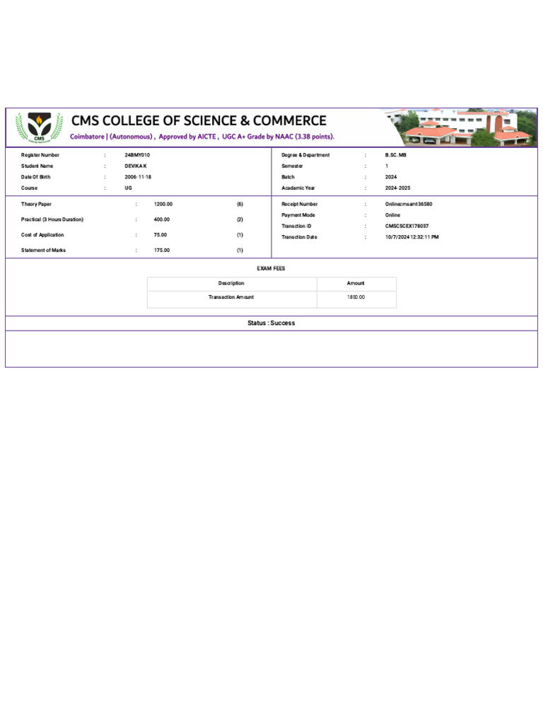 Exam Fee Receipt for Devika K | PDF