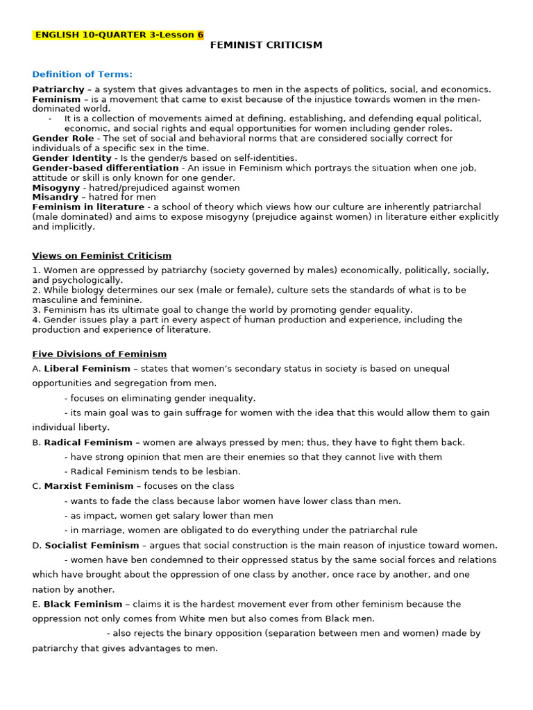 ENG10 Q3 Lesson 6 Feminist Criticism Notes | PDF | Gender Studies ...