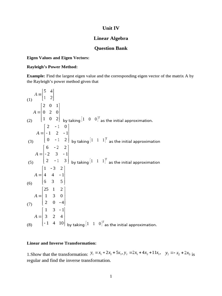 Unit - IV - Linear Algebra-QB | PDF | Matrix (Mathematics) | Eigenvalues And Eigenvectors