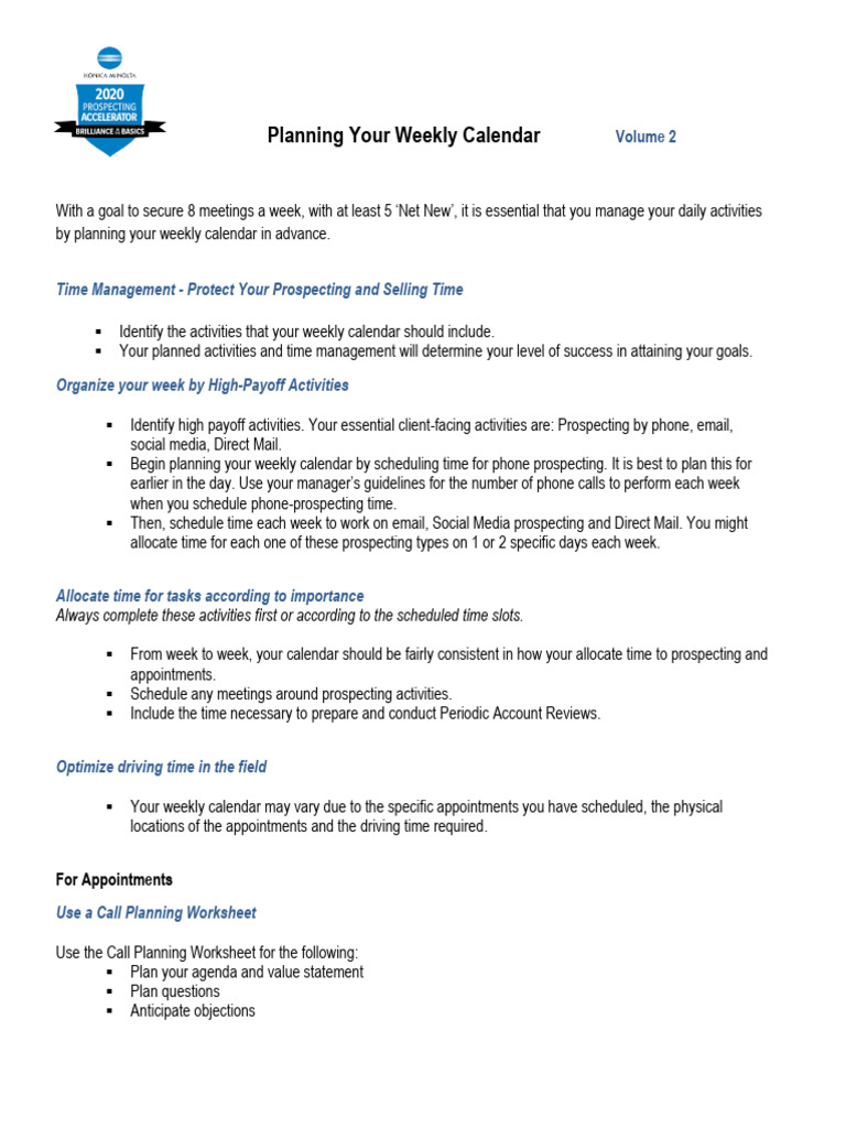 Prospecting Tips - Weekly Planning Calendar | PDF | Sales | Goal