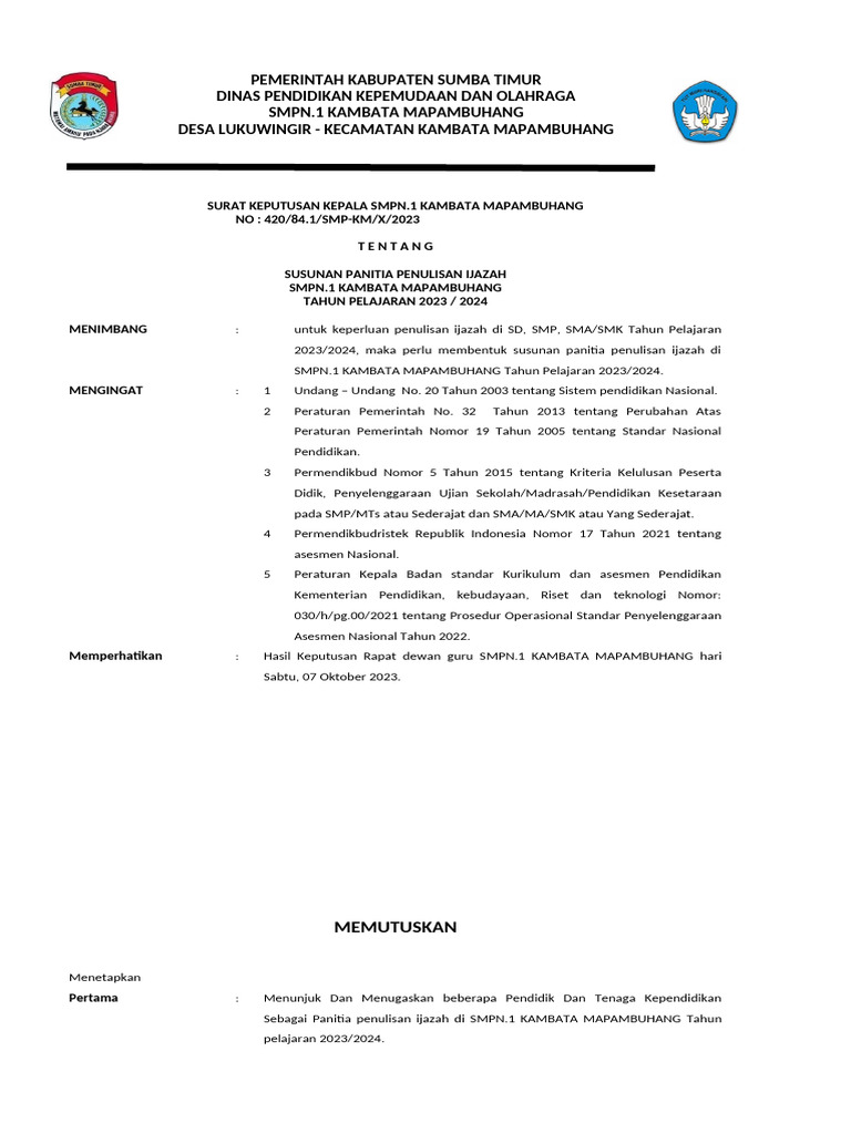 SK Panitia Penulisan Ijazah TP 2023-2024 | PDF