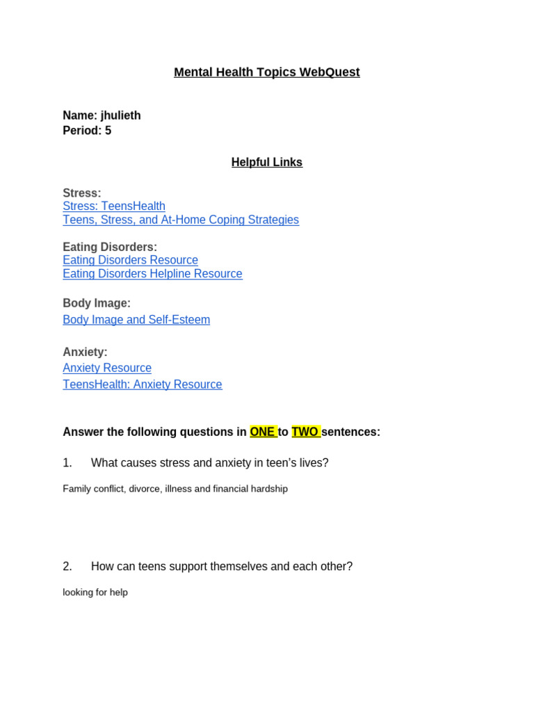 Mental Health Topics WebQuest | PDF