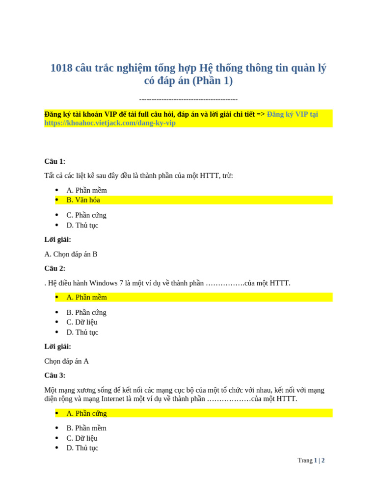 1018 Cau Trac Nghiem Tong Hop He Thong Thong Tin Quan Ly Co Dap An Phan 1 2025-02-11 | PDF