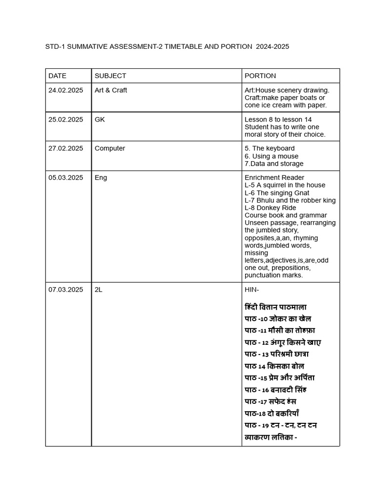 SA-2 Time Table Class1 | PDF | Linguistics
