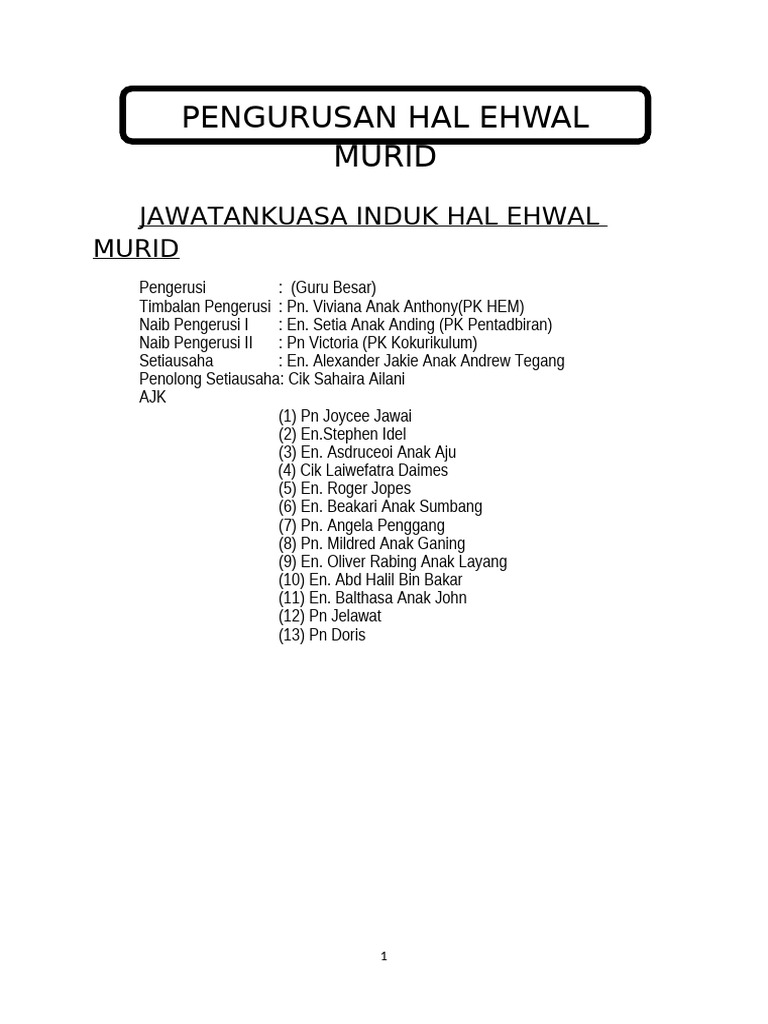 Jawatankuasa Induk Hal Ehwal Murid 2025 | PDF
