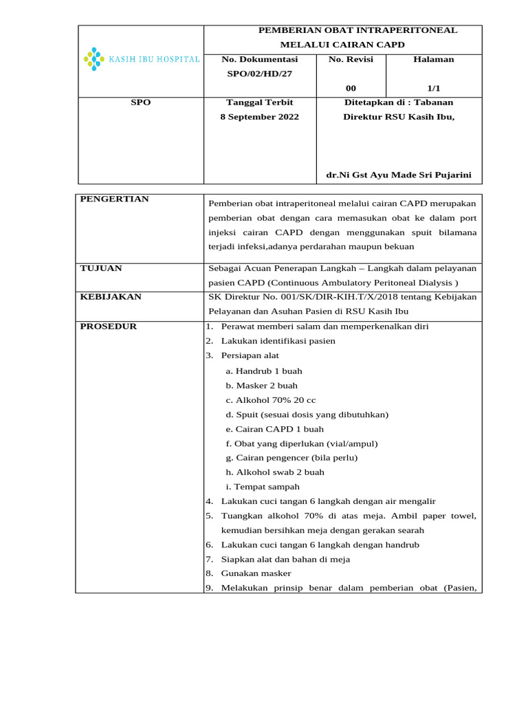 Spo Pemberian Obat Intraperitoneal Melalui Cairan Capd | PDF