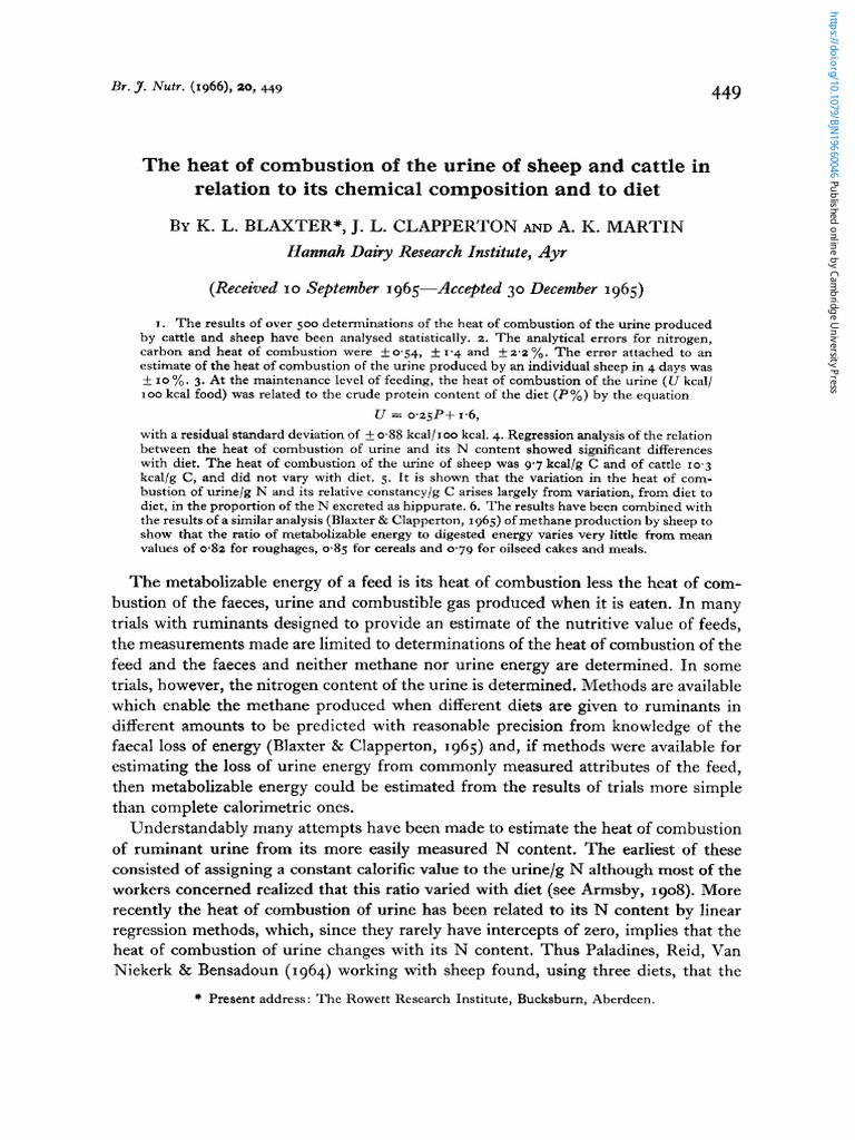 Div Class Title The Heat of Combustion of The Urine of Sheep and Cattle in Relation To Its ...