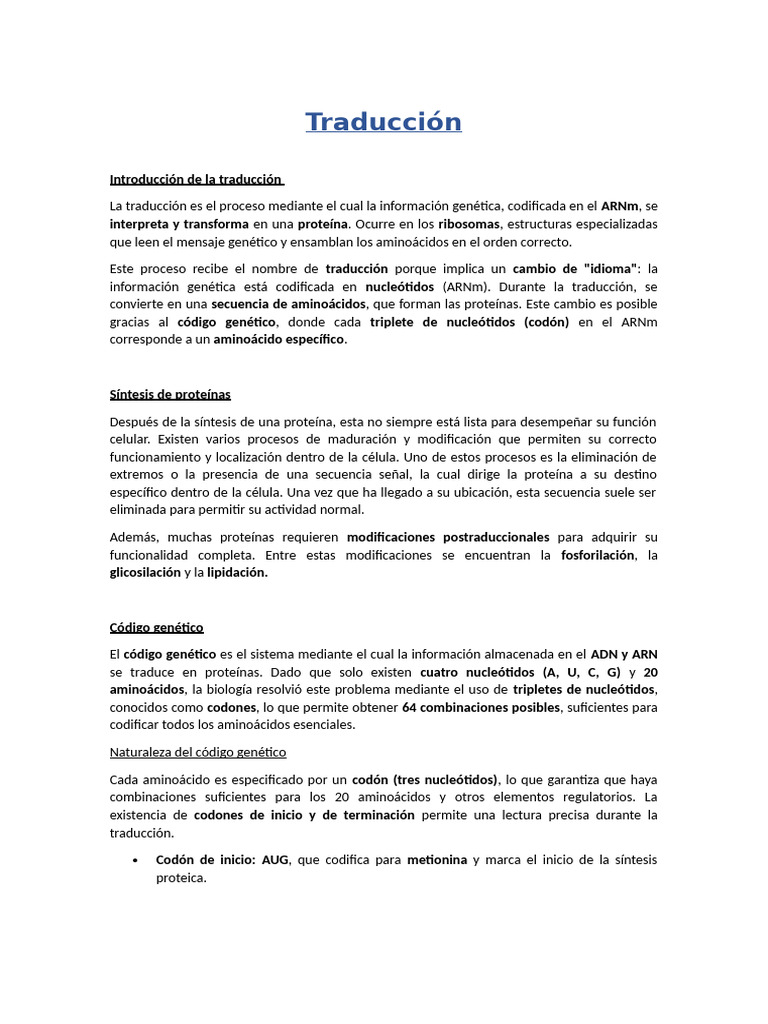 Traducción | PDF | Traducción (biología) | Codigo genetico