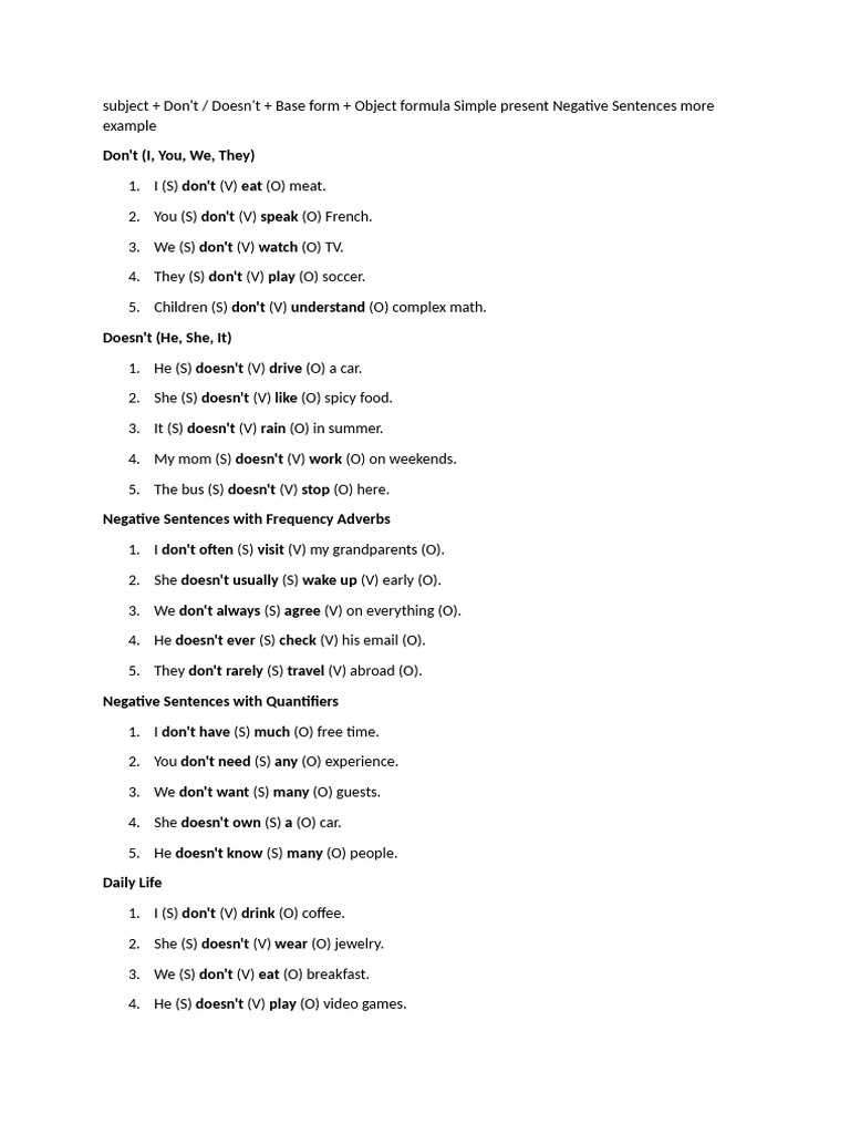 Simple Present Neg Sentences Example 1 | PDF