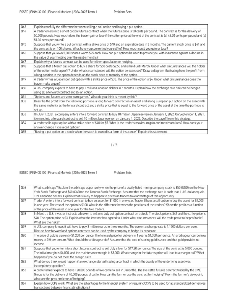 ESSEC - Financial Markets - 24-25 T1 - Question Banks - Part II | PDF