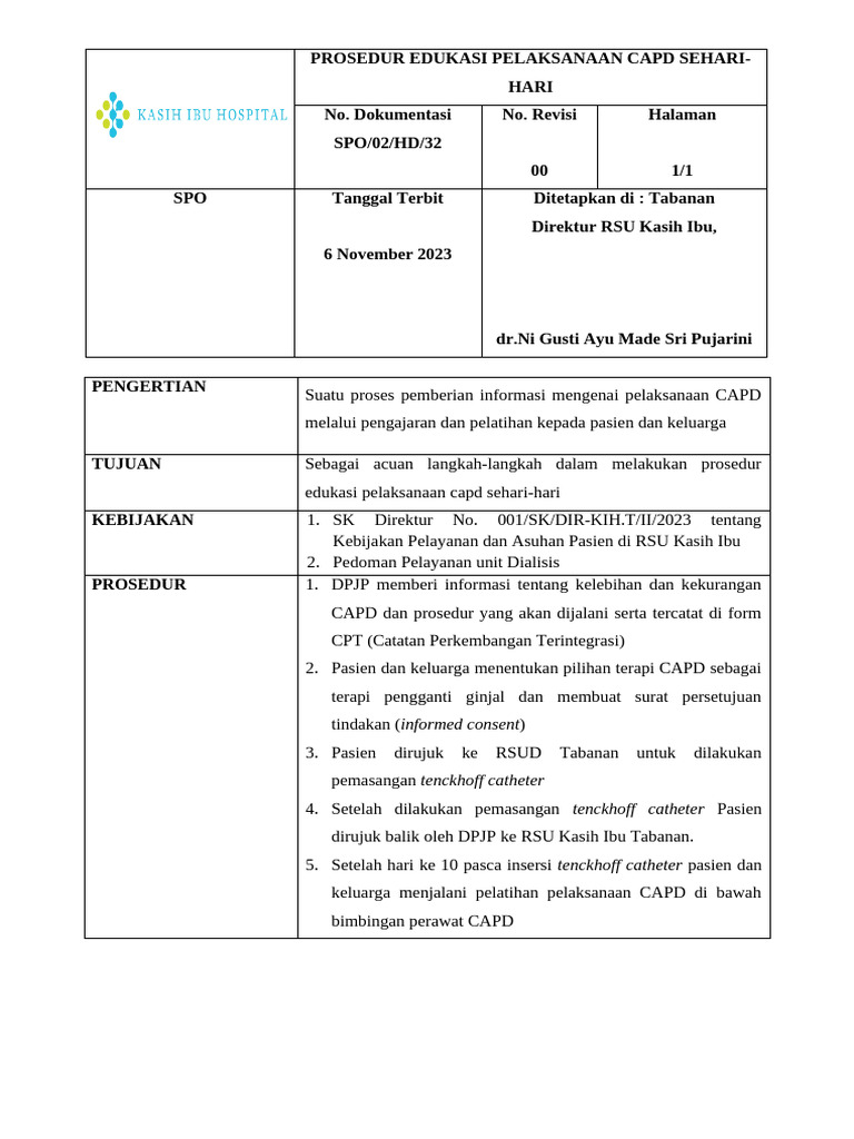 Spo Prosedur Edukasi Pelaksanaan Capd Sehari-Hari | PDF