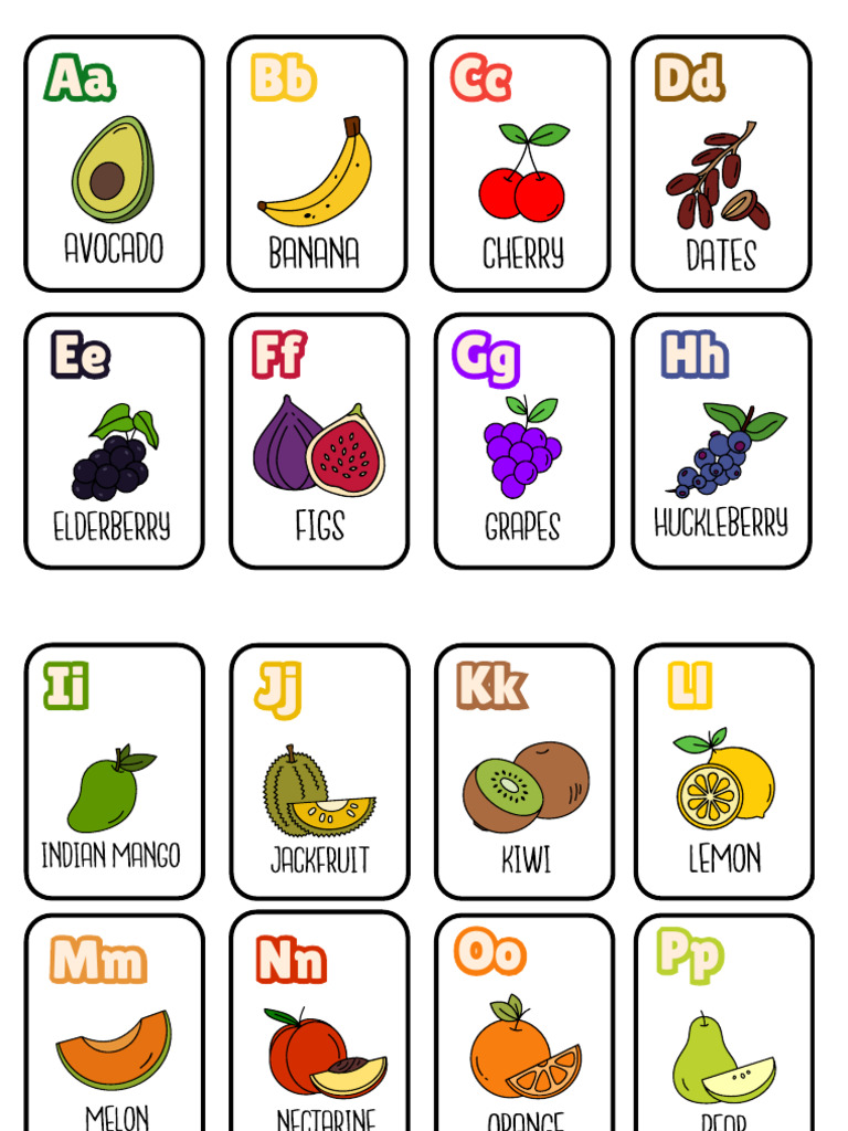 Colourful and Simple Alphabet Fruits and Vegetables Flashcards Activity ...