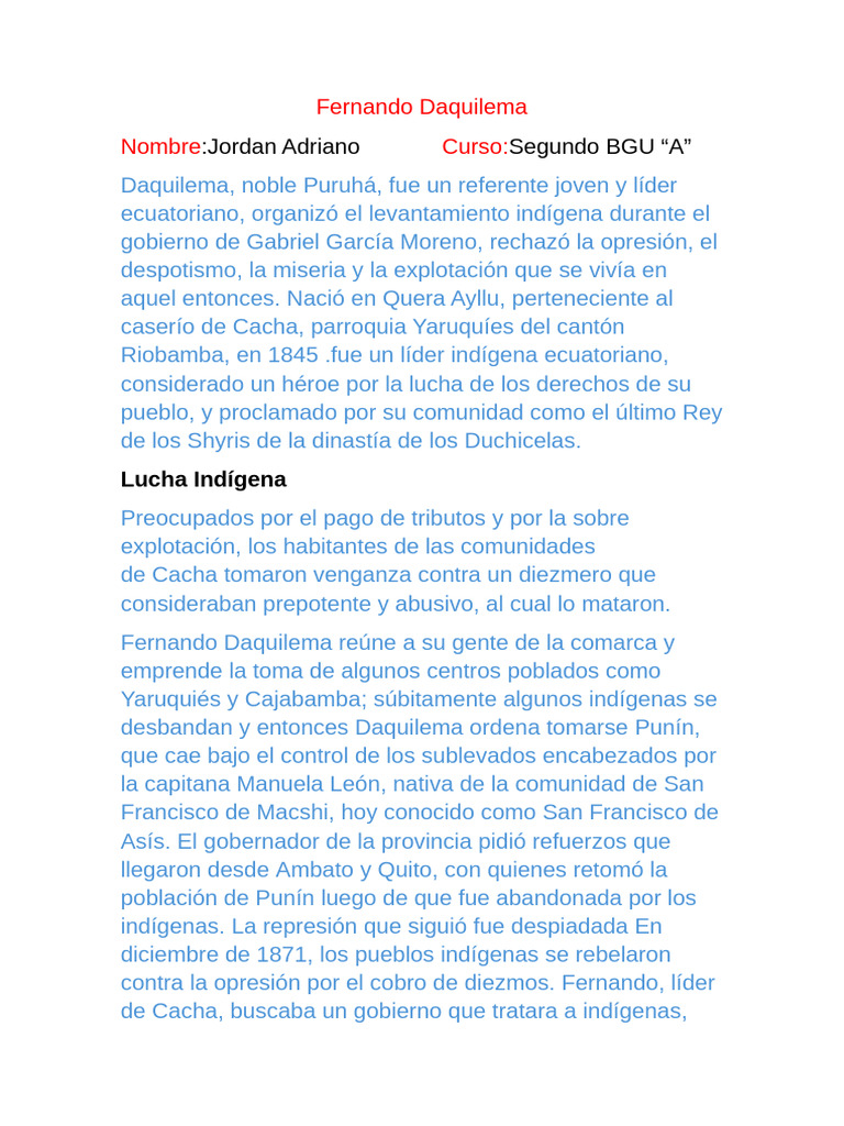 Biografía de Fernando Daquilema | PDF