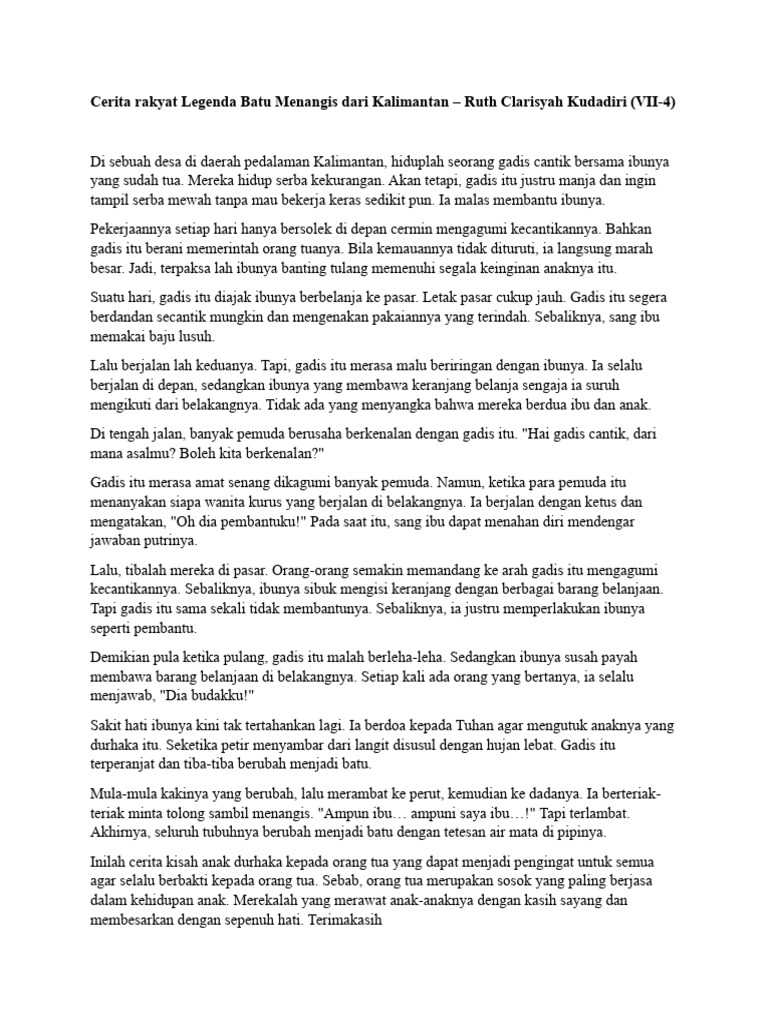 Cerita Rakyat Legenda Batu Menangis Dari Kalimantan | PDF