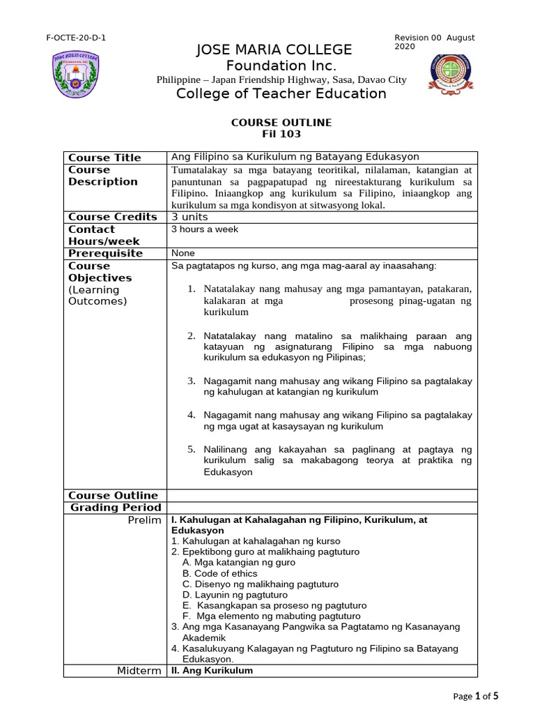 FIL 109 Course Outline | PDF