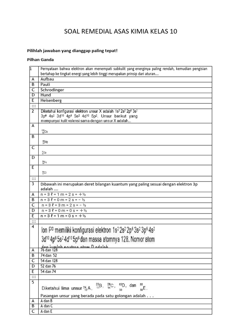 Soal Remedial Kimia Kelas x | PDF