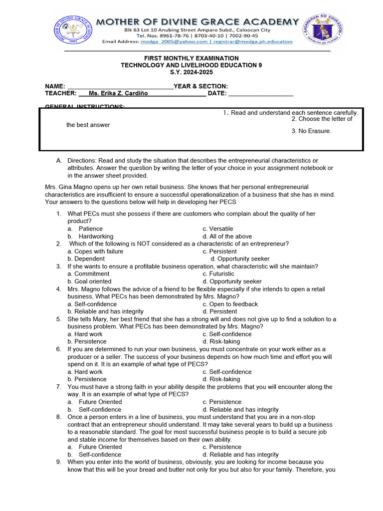 TLE 9 Monthly Exam: Entrepreneurial PECs | PDF | Goods | Economies