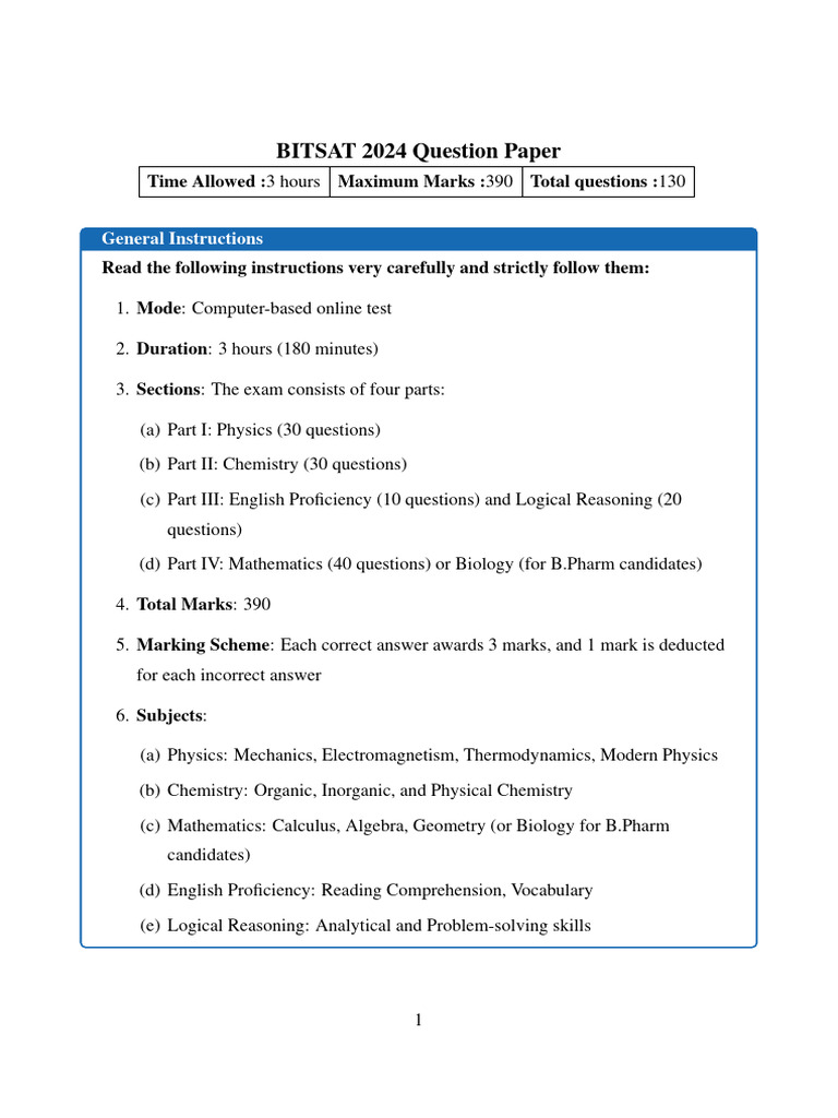 BITSAT 2024 Question Paper | PDF | Diffraction | Inductance