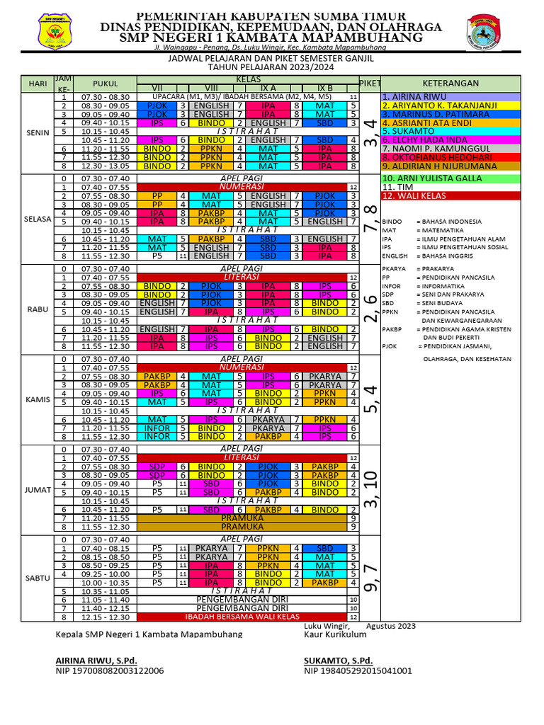 JADWAL PELAJARAN DAN PIKET 20232024 | PDF