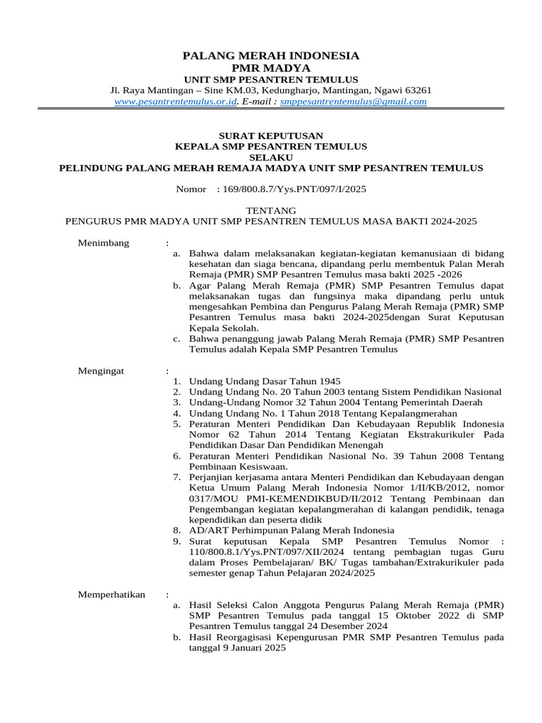 SK Kepengurusan PMR 2025 Revisi | PDF