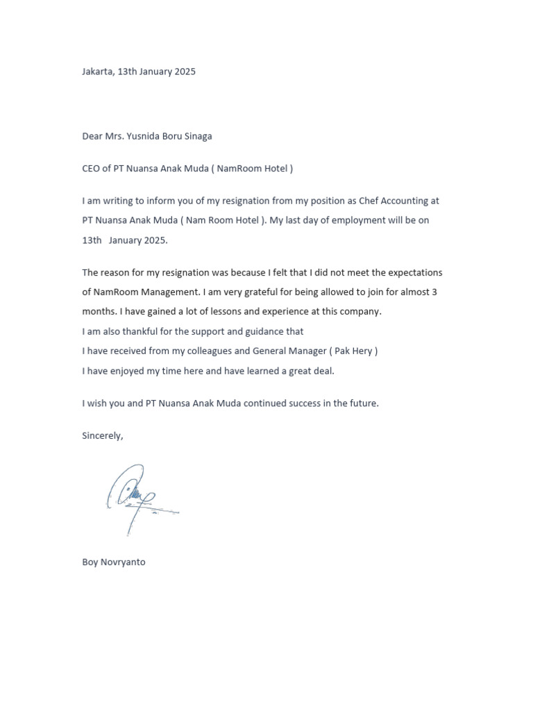 Resignation Letter from Chef Accounting | PDF