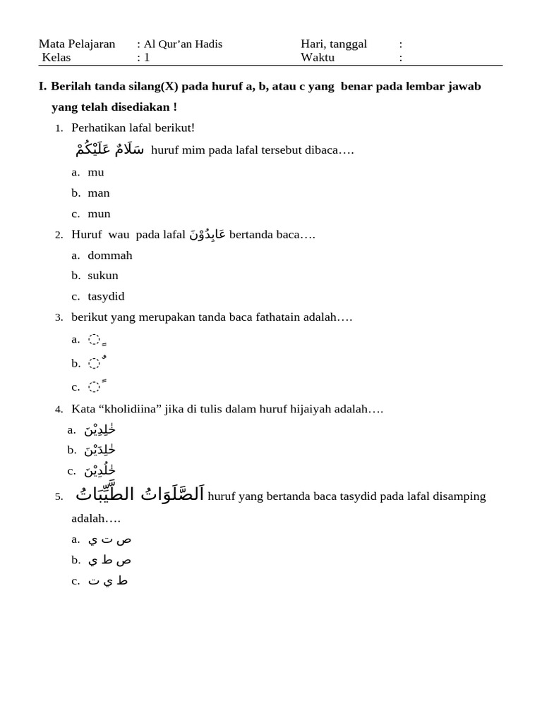 Soal PAT Kelas 1 - Al-Quran Hadis (Websiteedukasi.com) | PDF