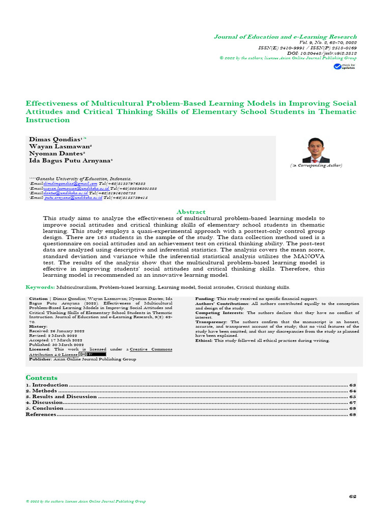Q2 Effectiveness of Multicultural Problem-Based Learning Models in Improving Social | PDF ...