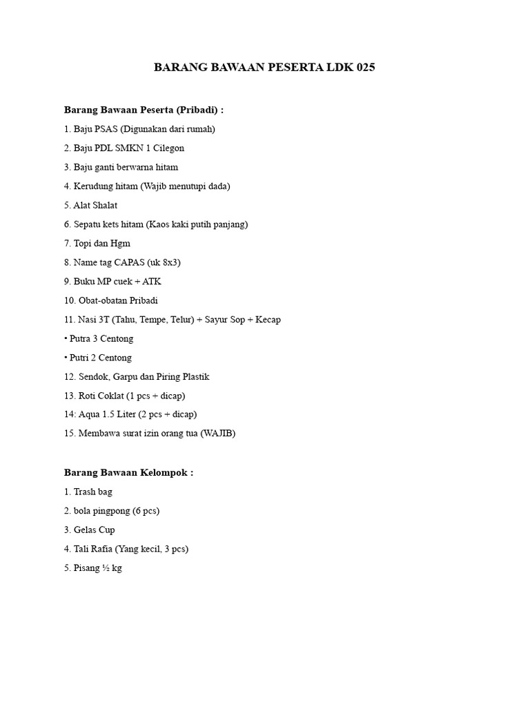 Barang Bawaan peserta LDK | PDF