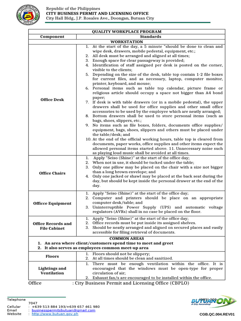 Quality Workplace Program | PDF | Desk | Office Equipment