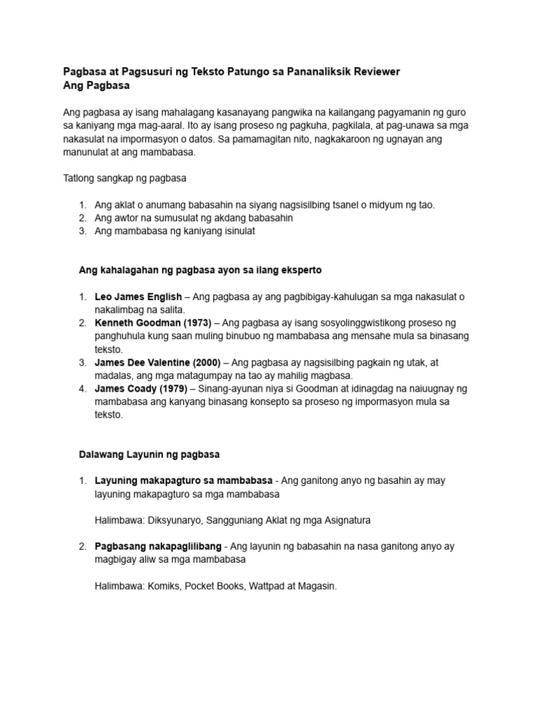 Pagbasa at Pagsusuri ng Teksto Patungo sa Pananaliksik Reviewer | PDF