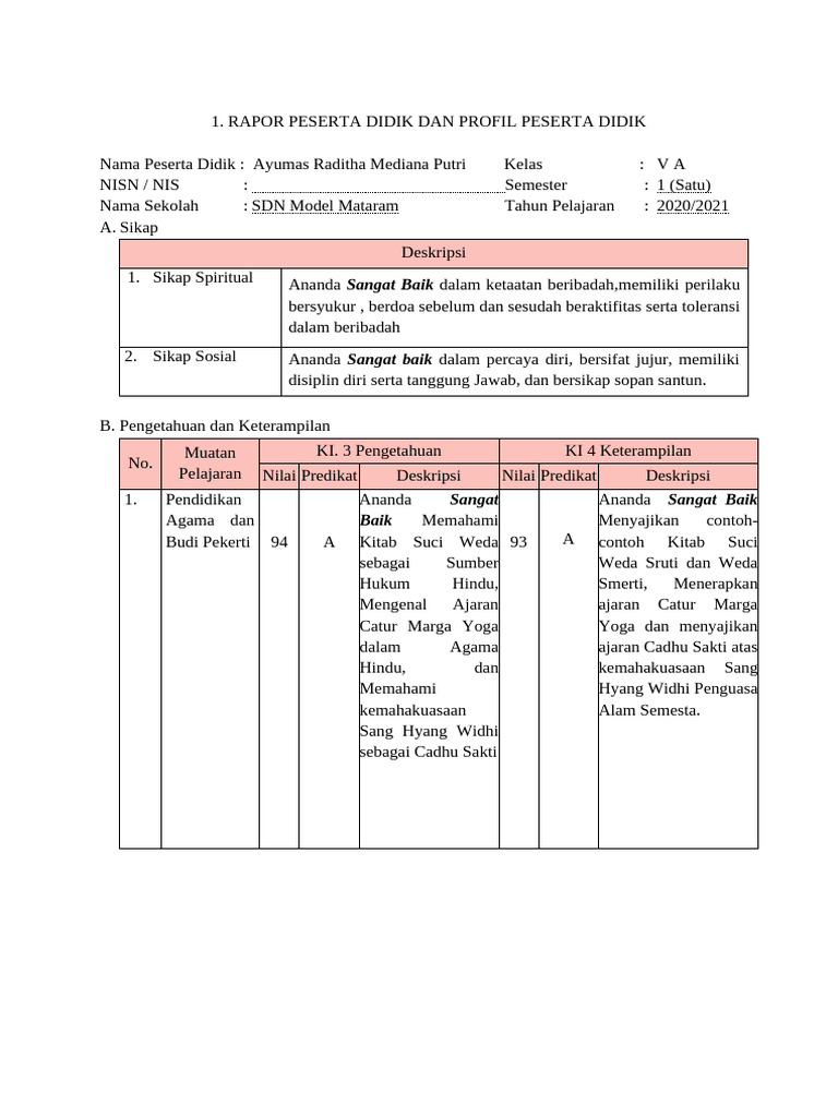 Raport Agama KLS 5 A Ganjil (1) Desk Nengah | PDF