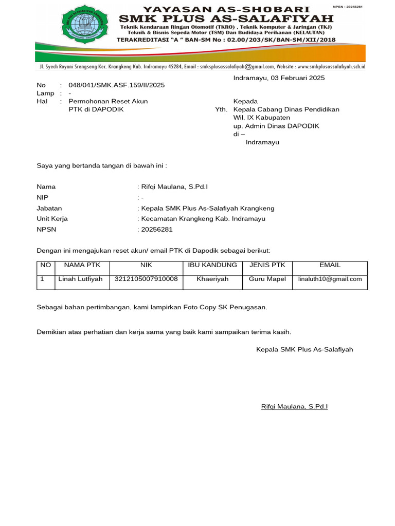 Surat Permohonan Reset Akun PTK | PDF