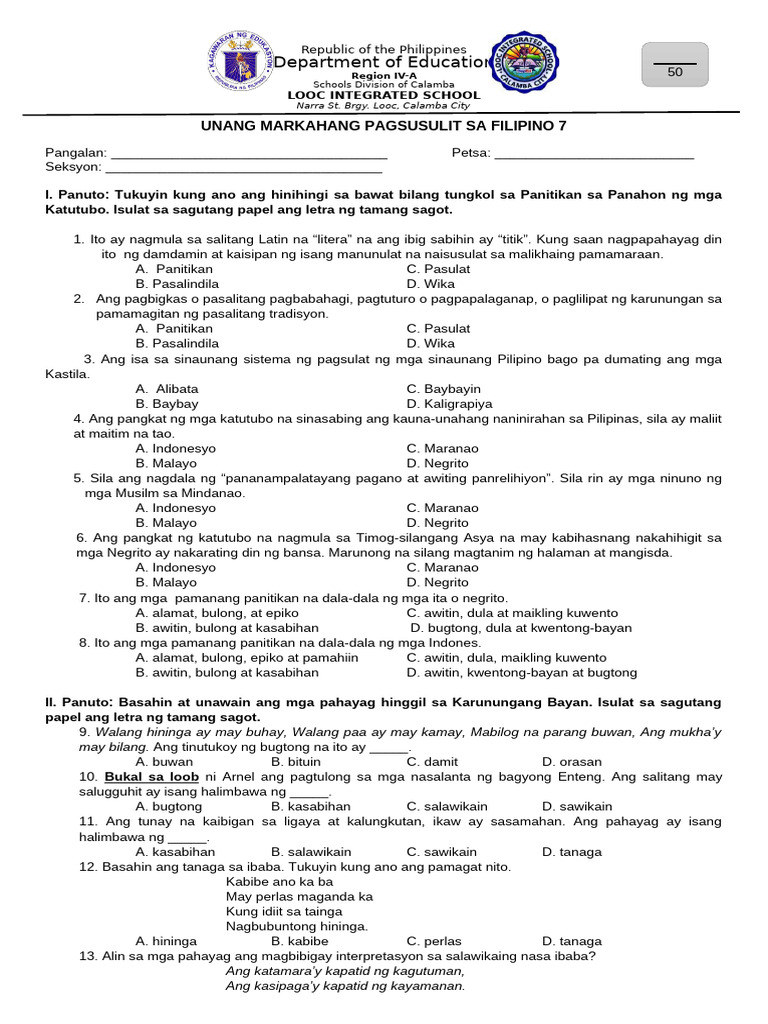q1 Fil7 Exam | PDF